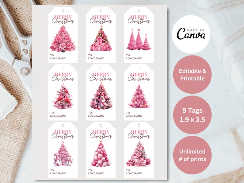 Pink Christmas Tree Gift Tags: Printable Party Favor Bundle (editable ...