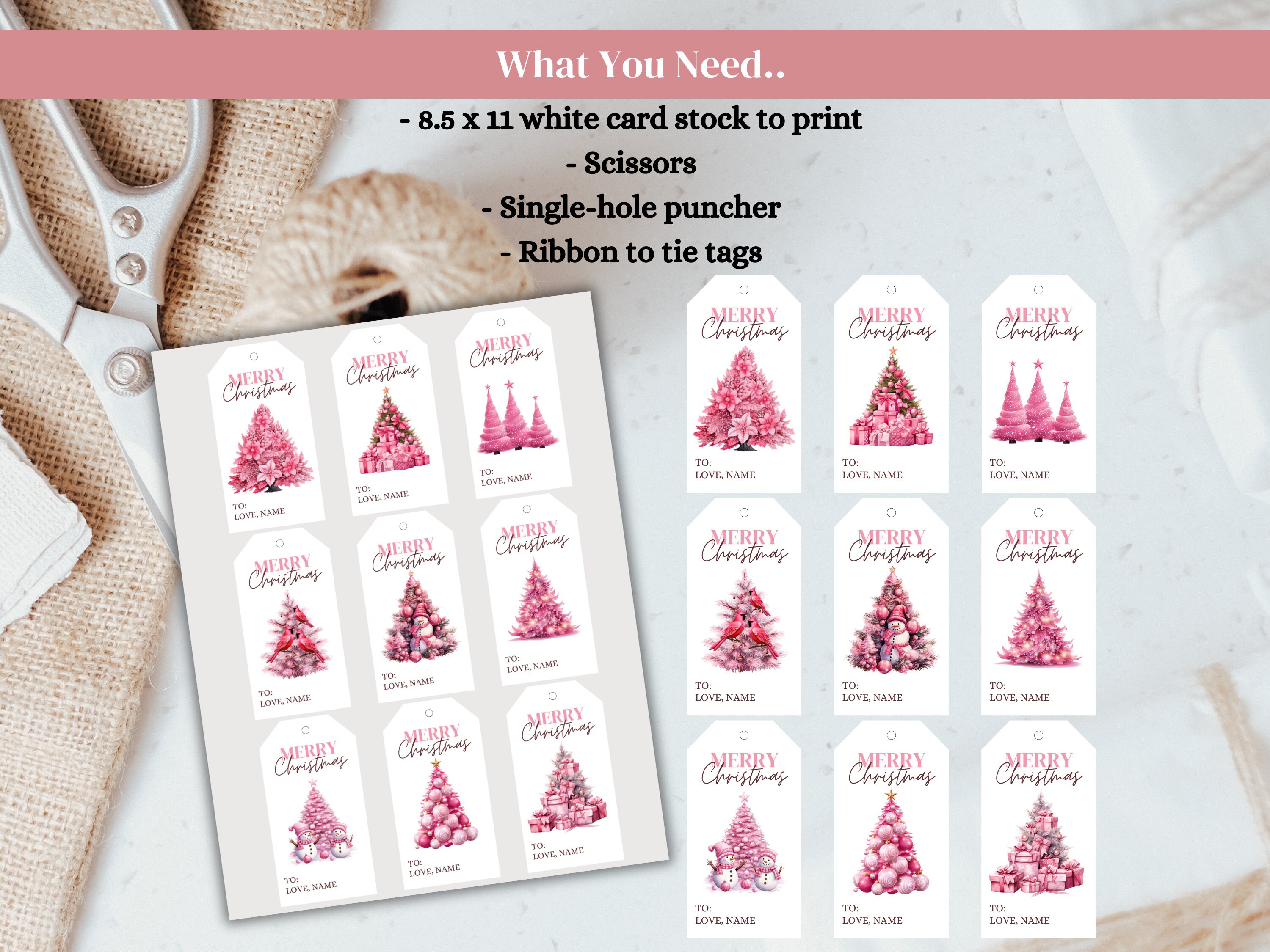 Pink Christmas Tree Gift Tags: Printable Party Favor Bundle (editable ...