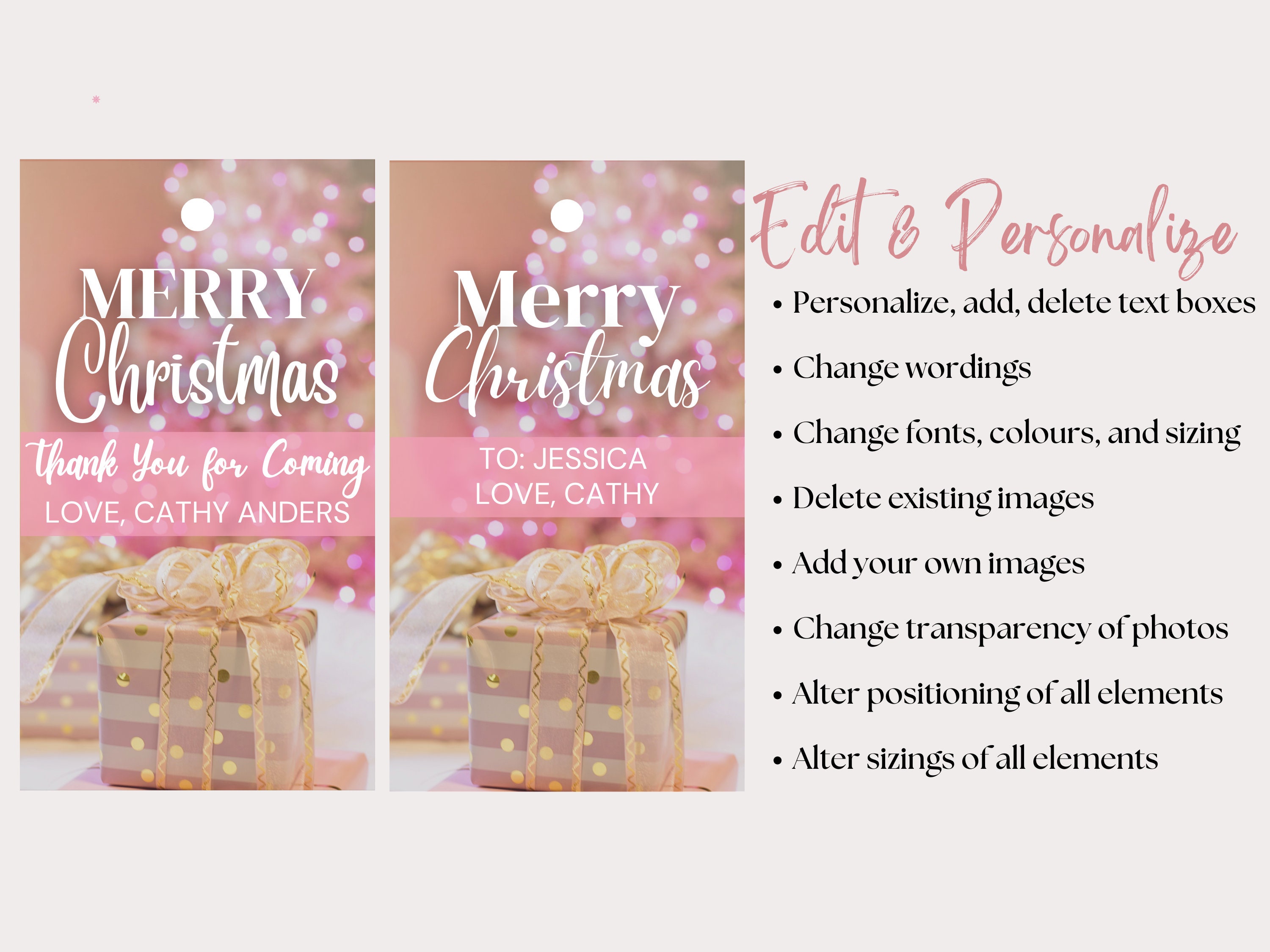 Editable Pink Christmas Tag, Printable Christmas Gift Tag, Pink ...