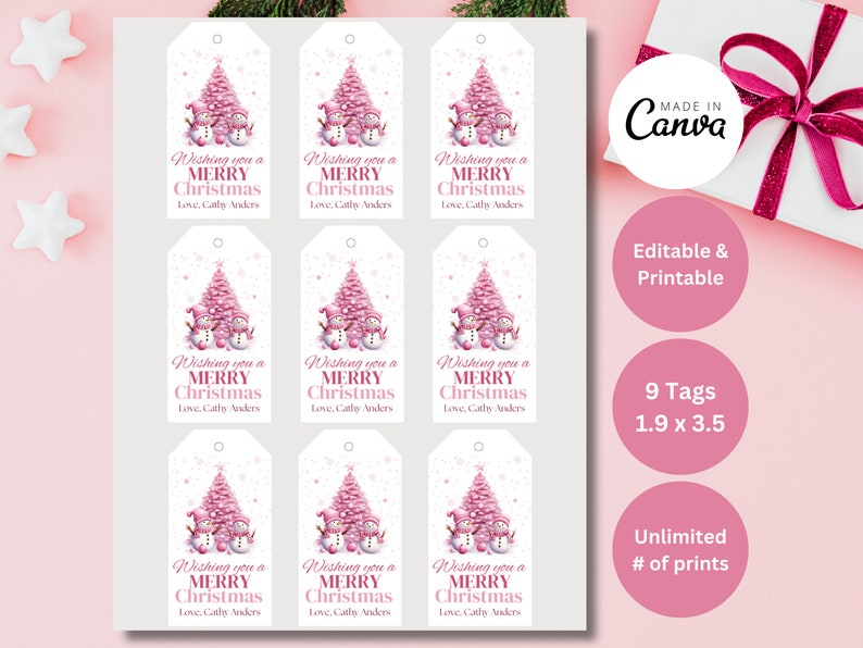 Editable Pink Christmas Tag, Printable Christmas Gift Tag, Christmas ...