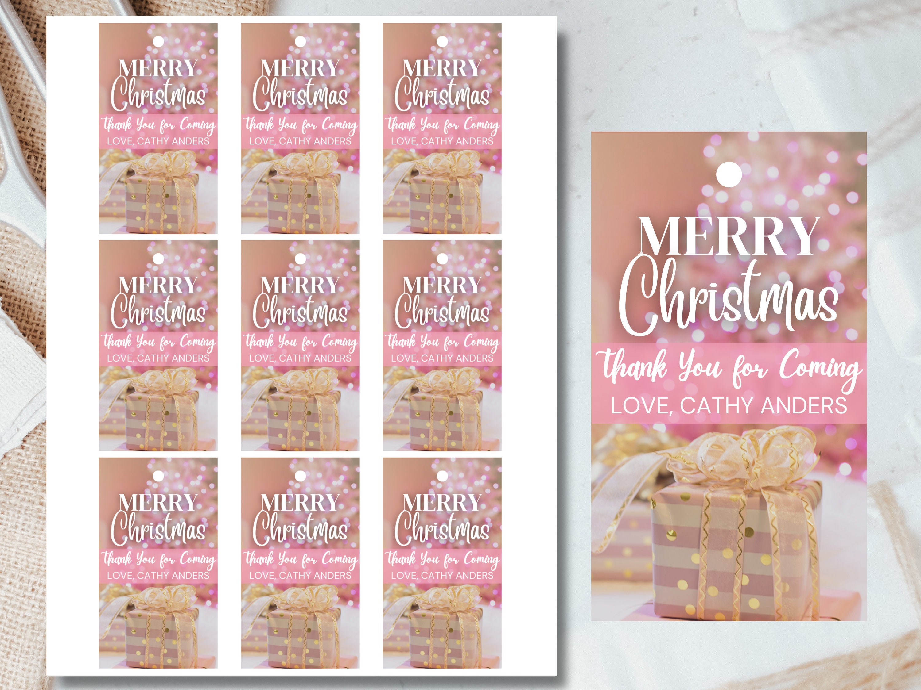 Editable Pink Christmas Tag, Printable Christmas Gift Tag, Pink ...