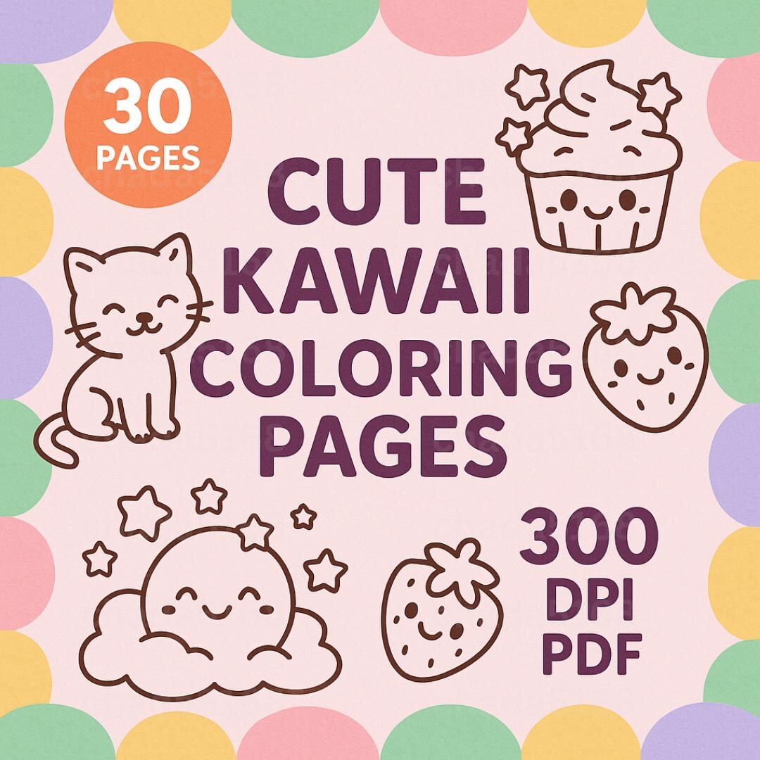 Cute Kawaii Animal & Food Coloring Pages Bundle for Kids – 30 Fun ...
