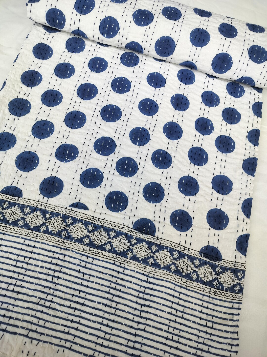 Kantha Quilt Polka Dot Blue Bedspread Bedding Throw Hand Block Print ...