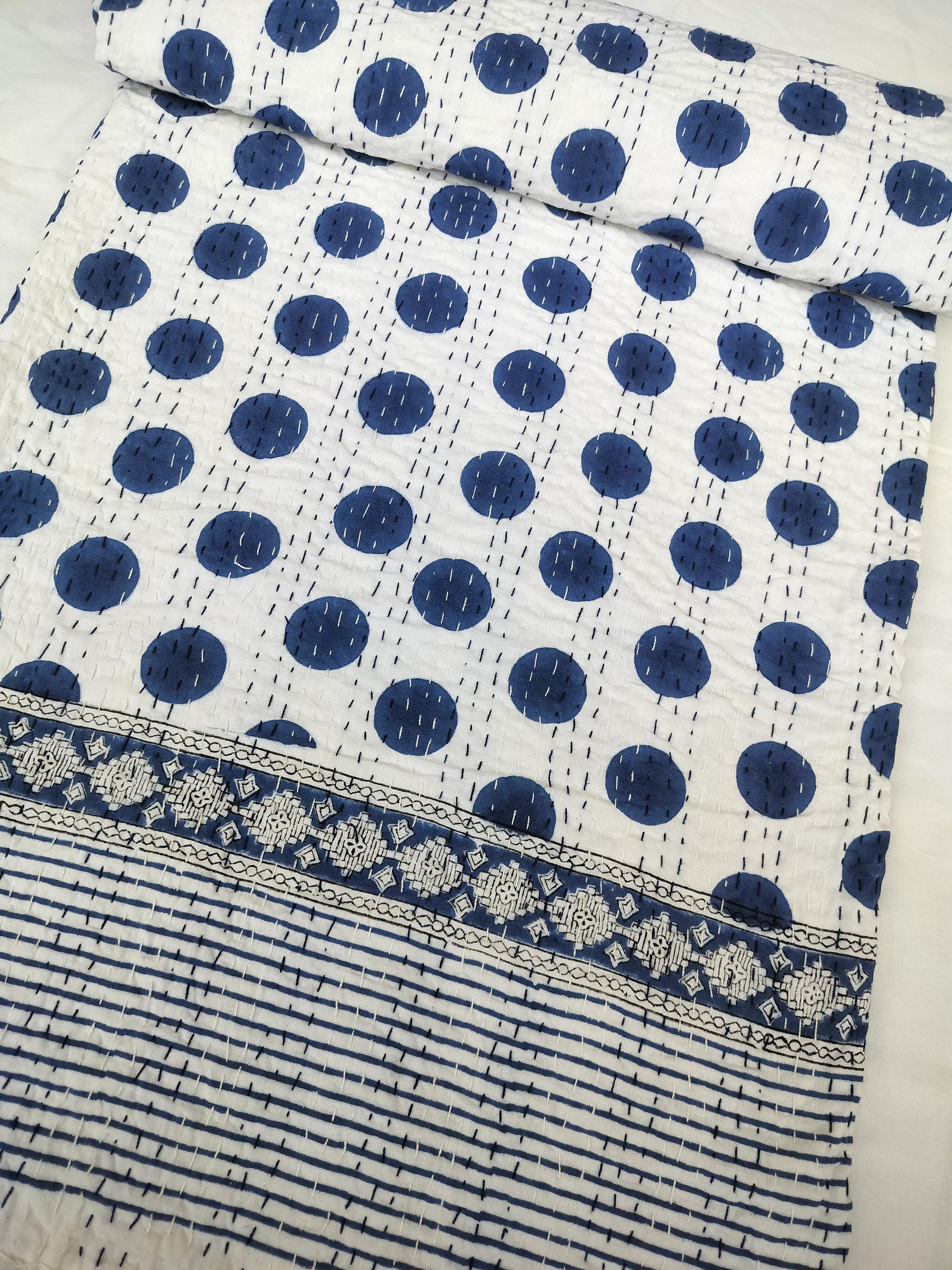 Kantha Quilt Polka Dot Blue Bedspread Bedding Throw Hand Block Print ...