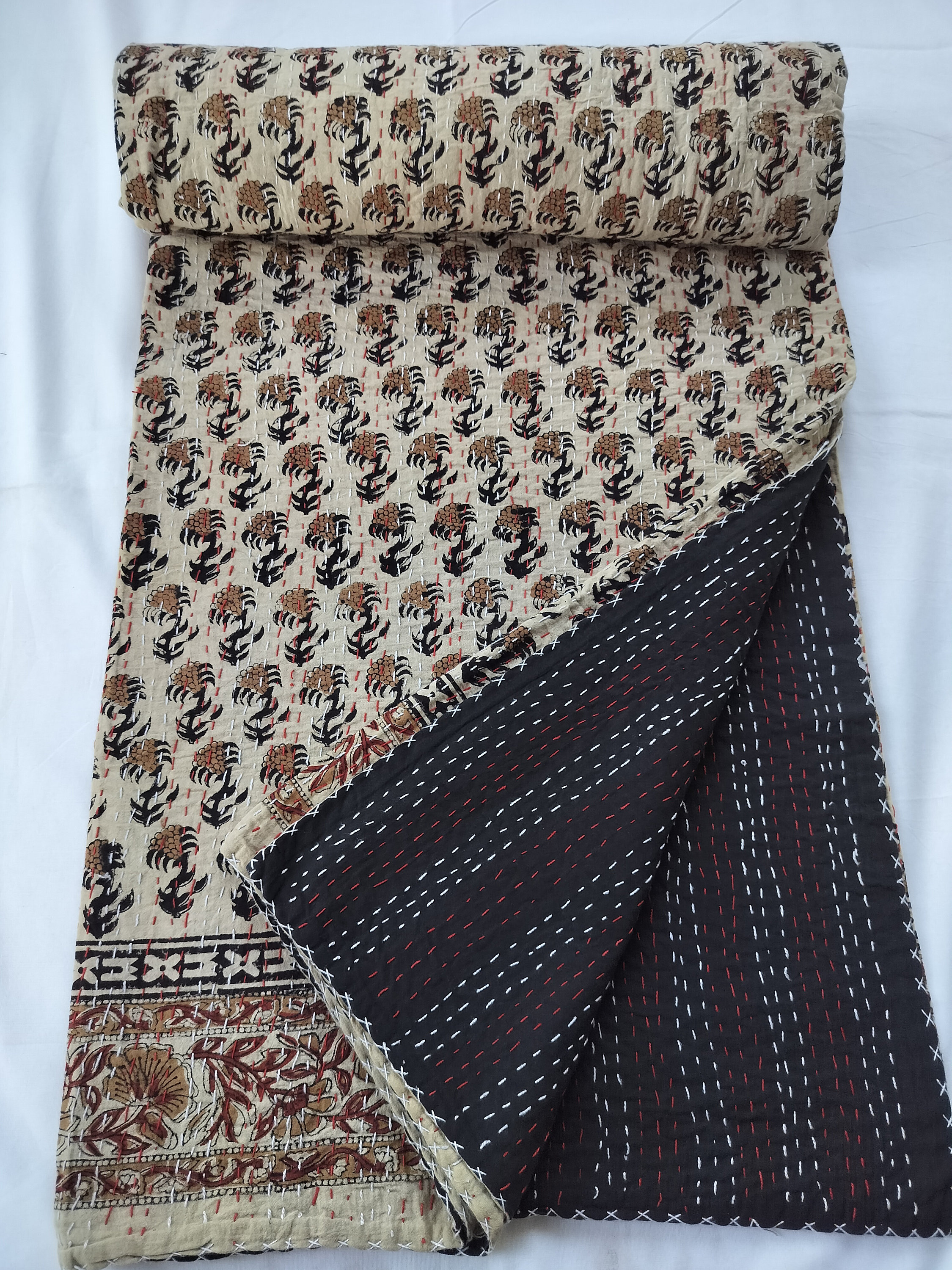 Indian Kantha Quilt Hand Block Print Quilts Indian Bedspreads Kantha ...