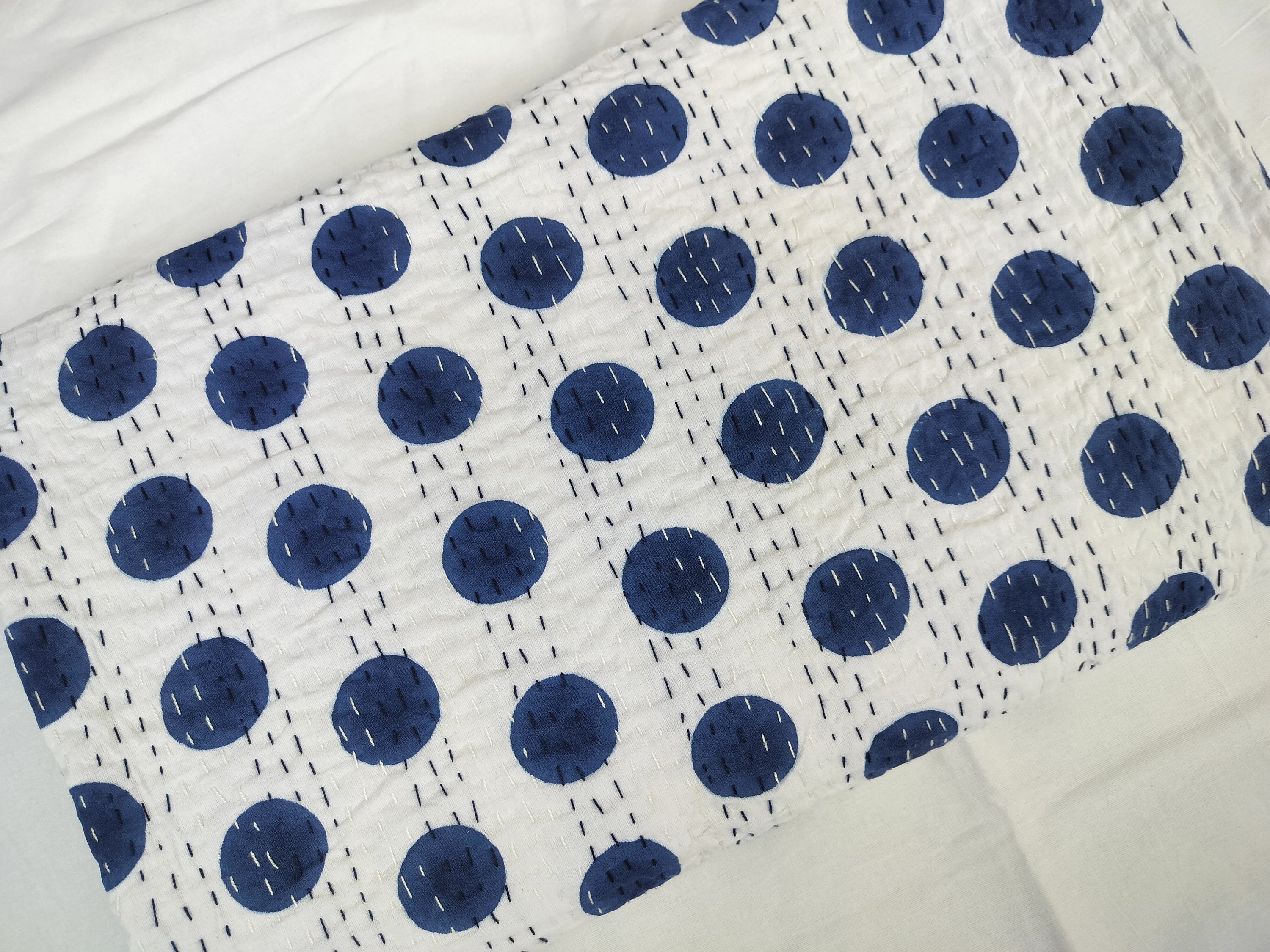 Kantha Quilt Polka Dot Blue Bedspread Bedding Throw Hand Block Print ...