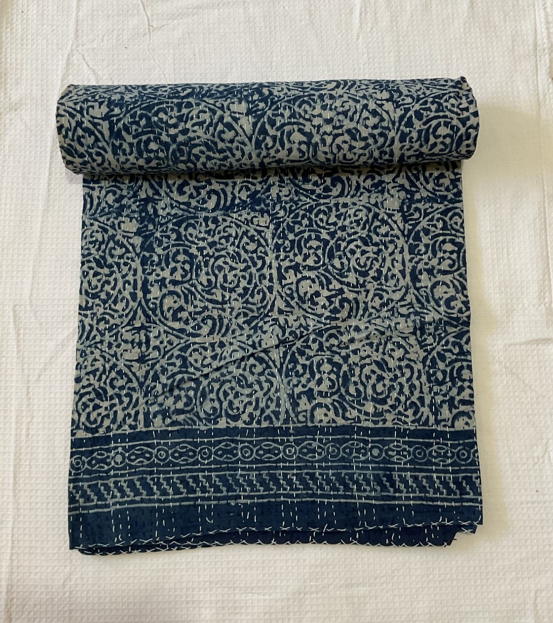 Kantha Indigo Blue Quilt Indian Kantha Bedspread Bedding Bedcover Throw ...