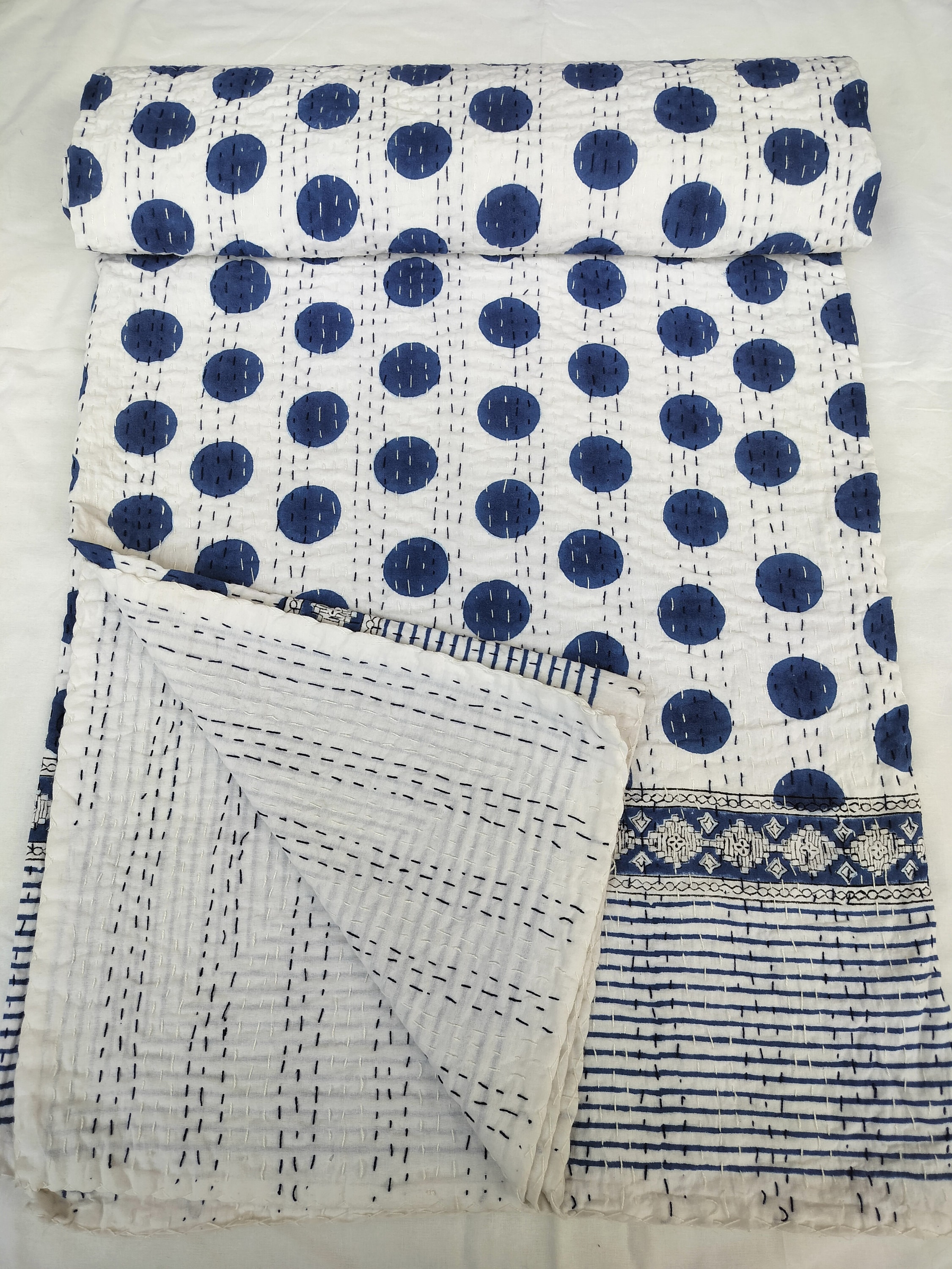 Kantha Quilt Polka Dot Blue Bedspread Bedding Throw Hand Block Print ...