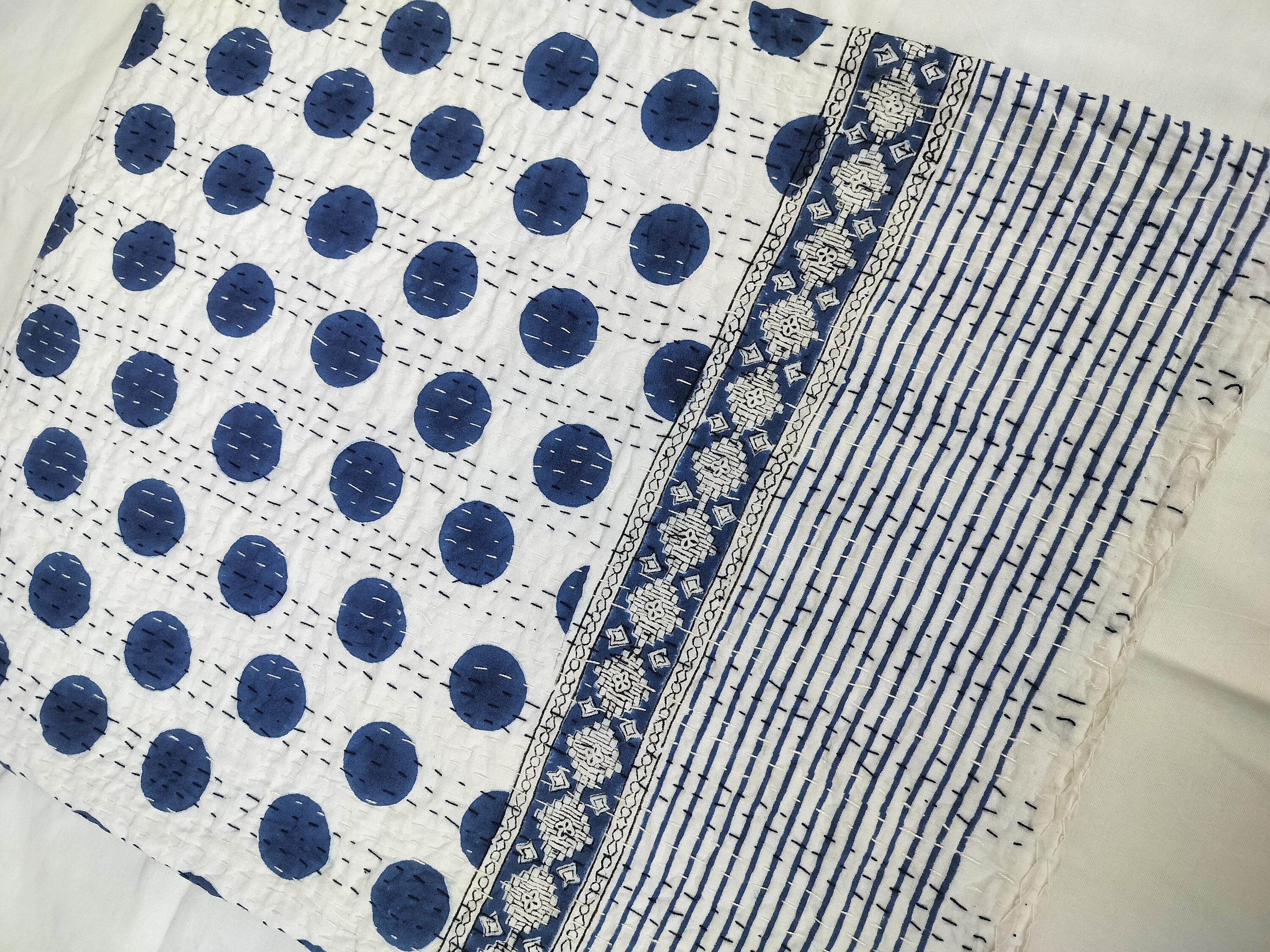 Kantha Quilt Polka Dot Blue Bedspread Bedding Throw Hand Block Print ...
