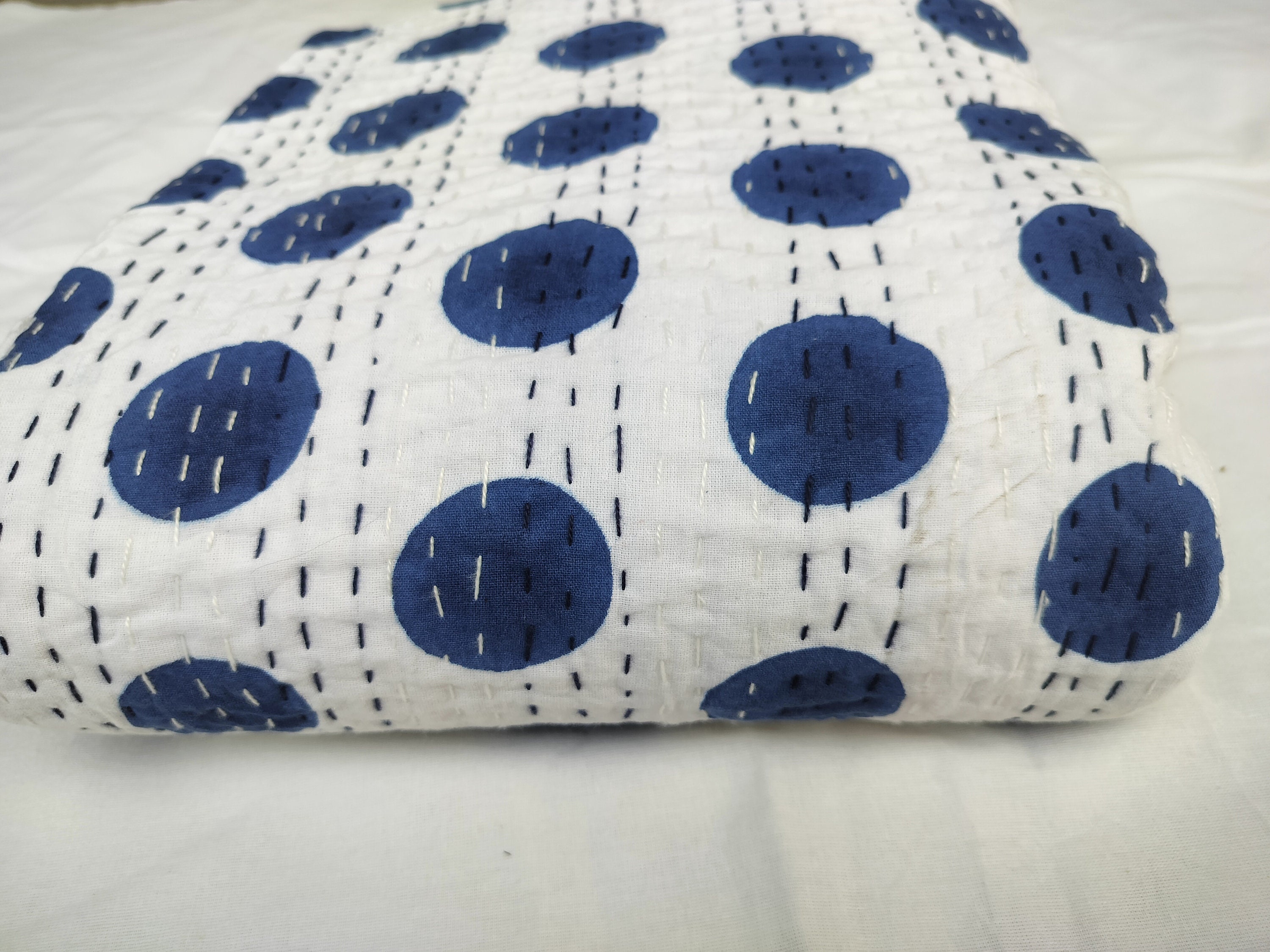 Kantha Quilt Polka Dot Blue Bedspread Bedding Throw Hand Block Print ...