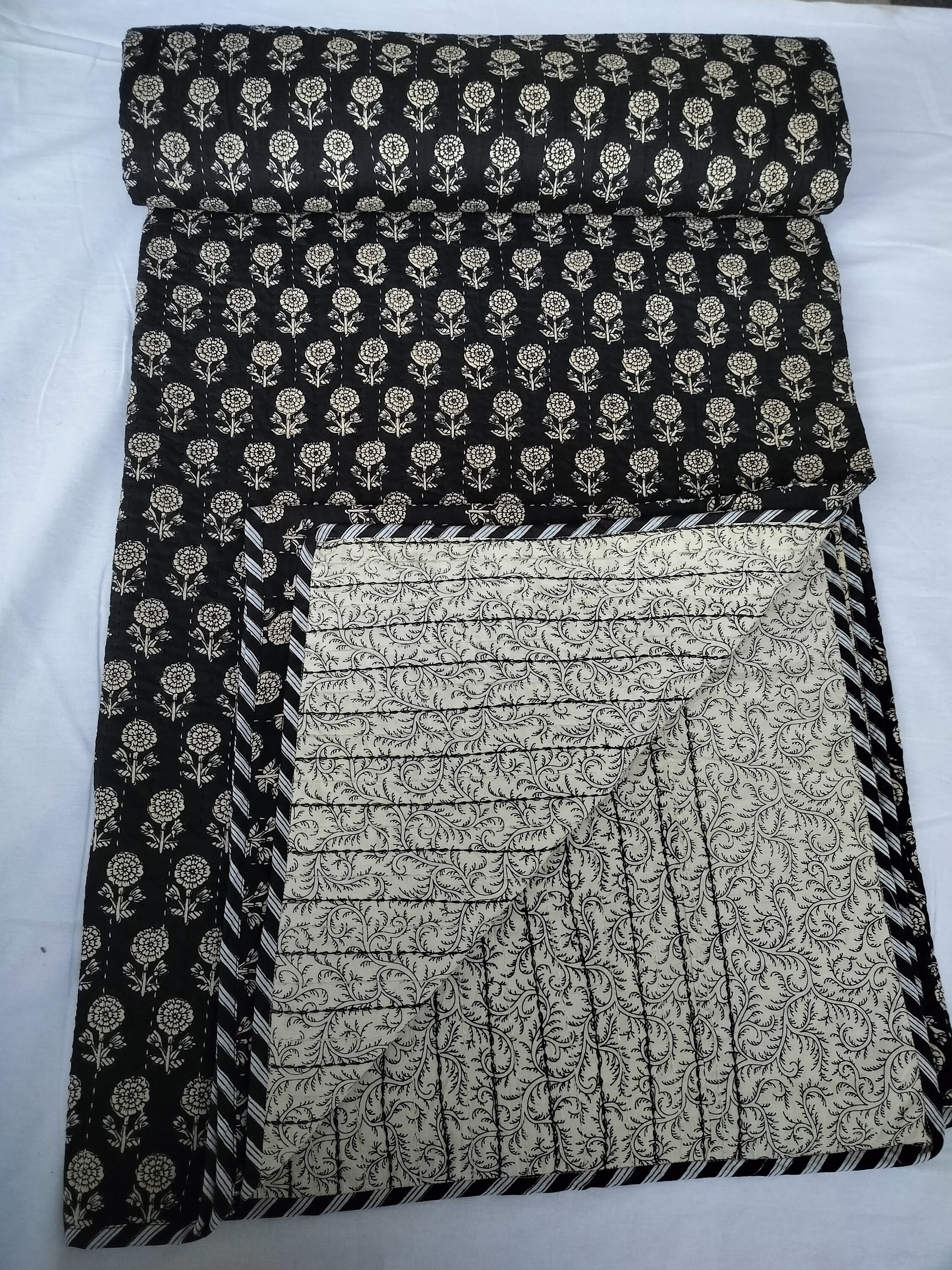 Black Kantha Quilt Reversible Kantha Craft Bedspread Bedding Throw ...