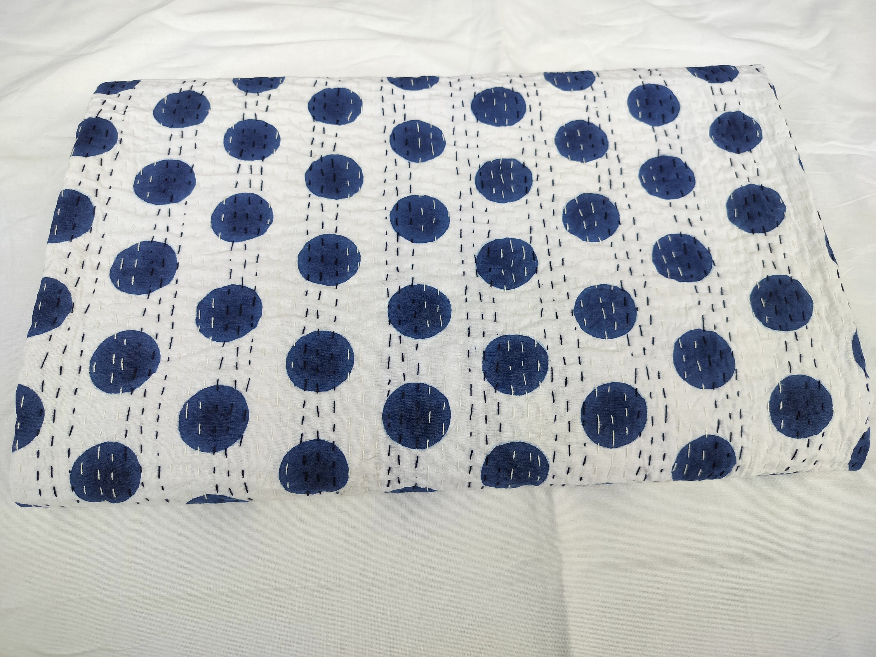 Kantha Quilt Polka Dot Blue Bedspread Bedding Throw Hand Block Print ...