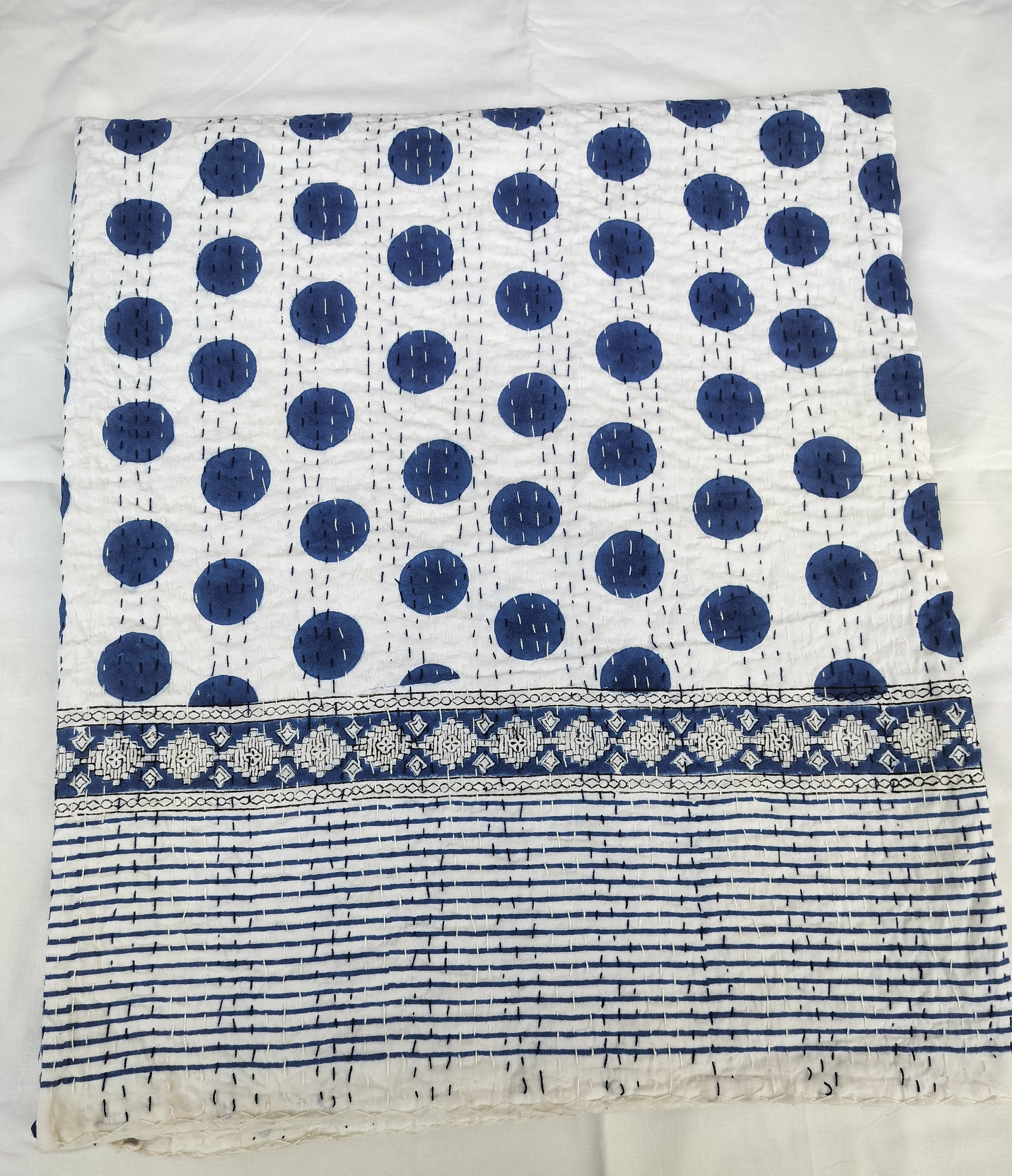 Kantha Quilt Polka Dot Blue Bedspread Bedding Throw Hand Block Print ...