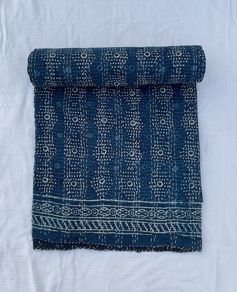Handmade Indigo Kantha Quilt: Floral Print Indian Cotton Coverlet - Etsy
