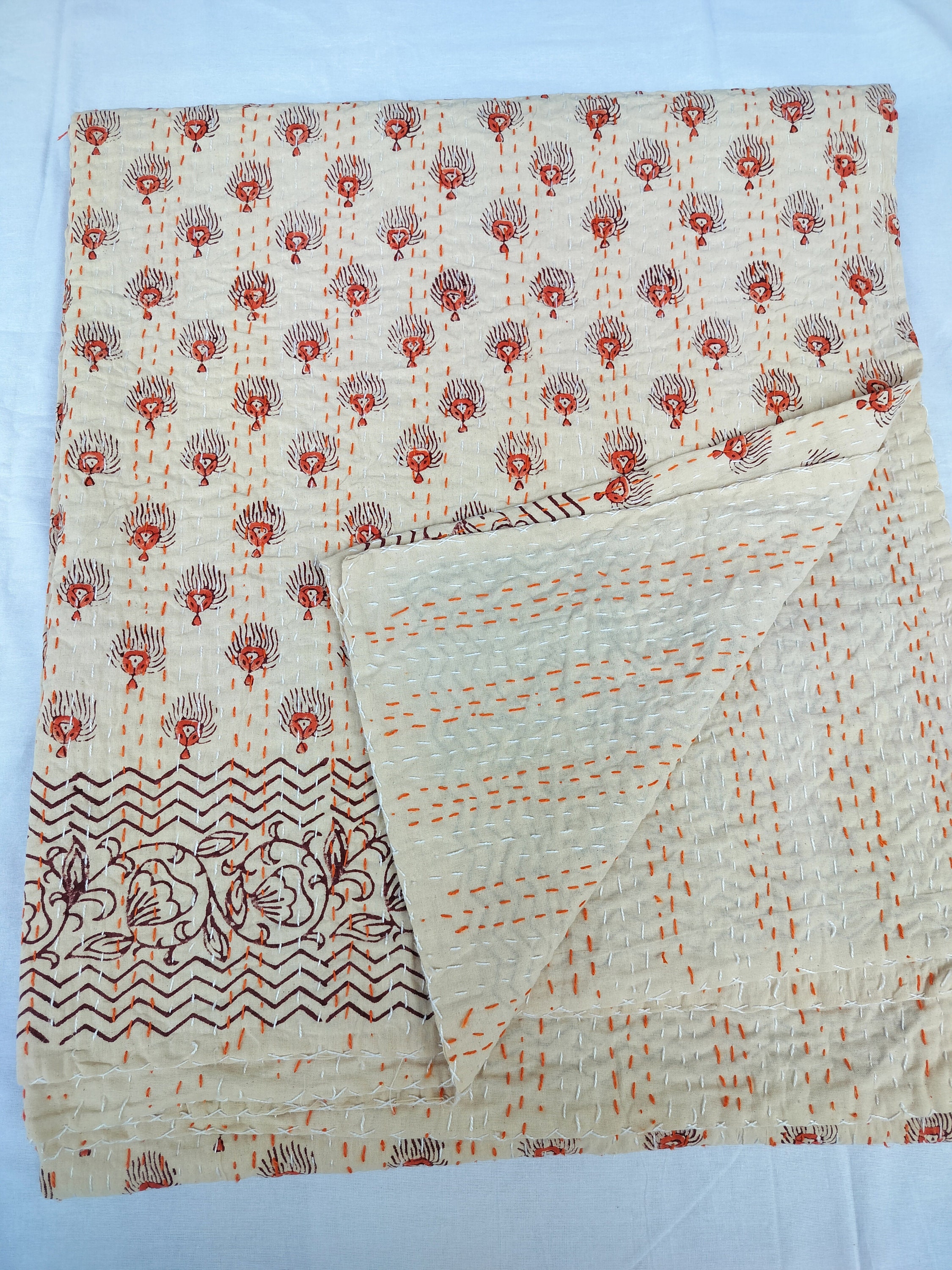 Cremy Colour Kantha Quiltt in a New Design and Colour Option Indian Kantha Quilt Blanket Kantha ...