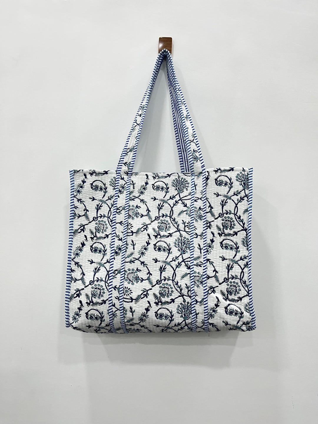 Handmade Quilted Floral Tote Bag: Reversible Block Print Cotton Shopper ...