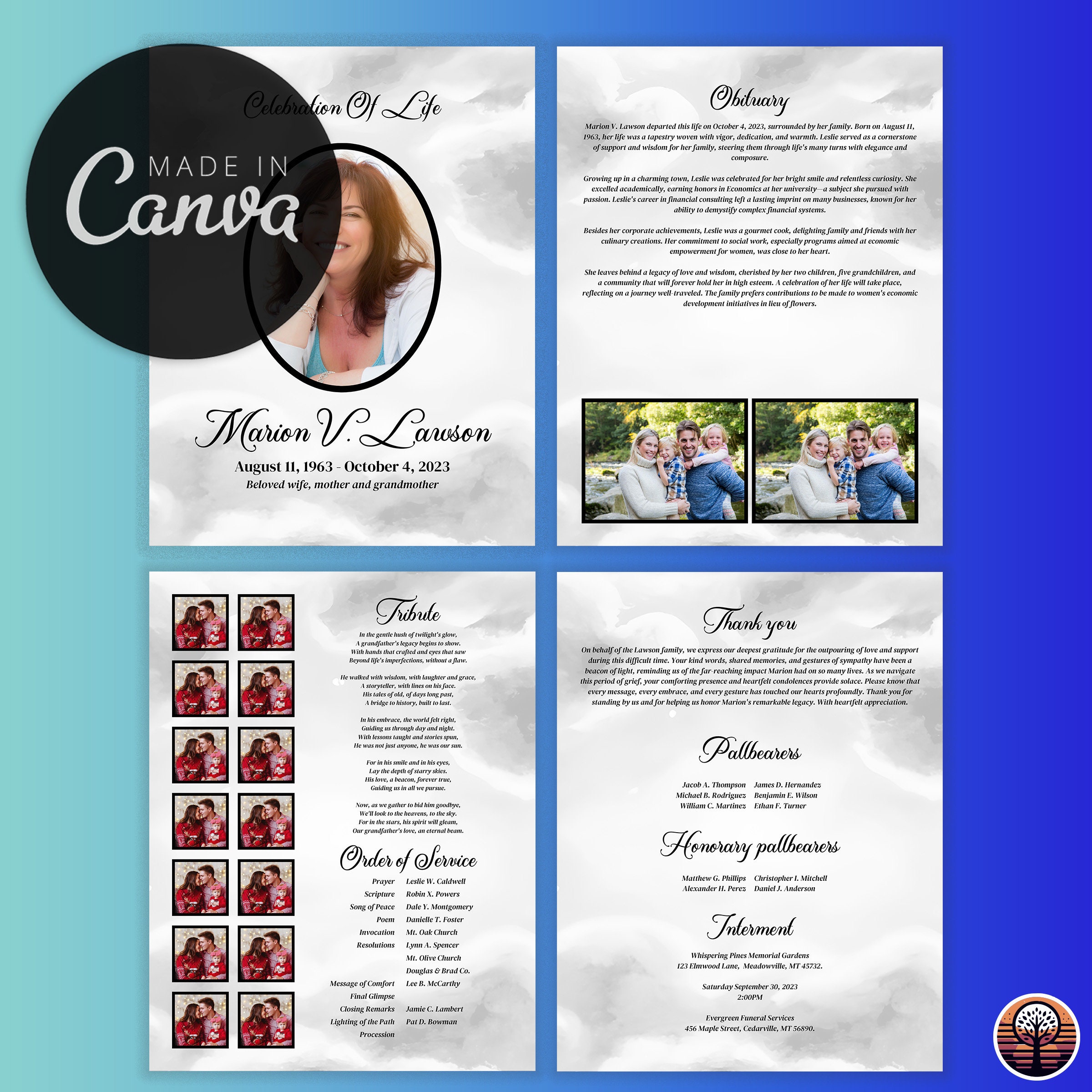 Funeral Program Template - Printable Order of Service for Celebration ...
