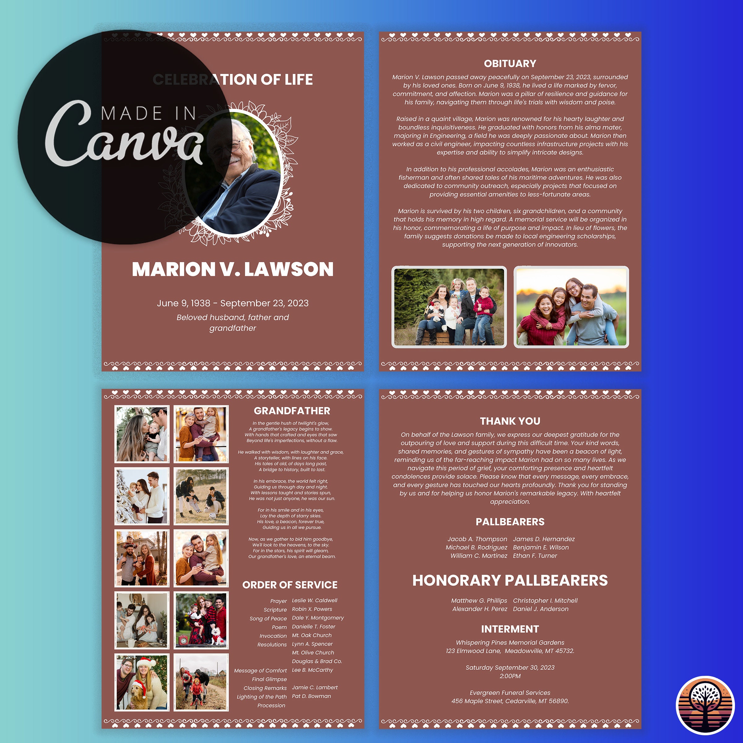 Funeral Program Template - Printable Order of Service for Celebration ...