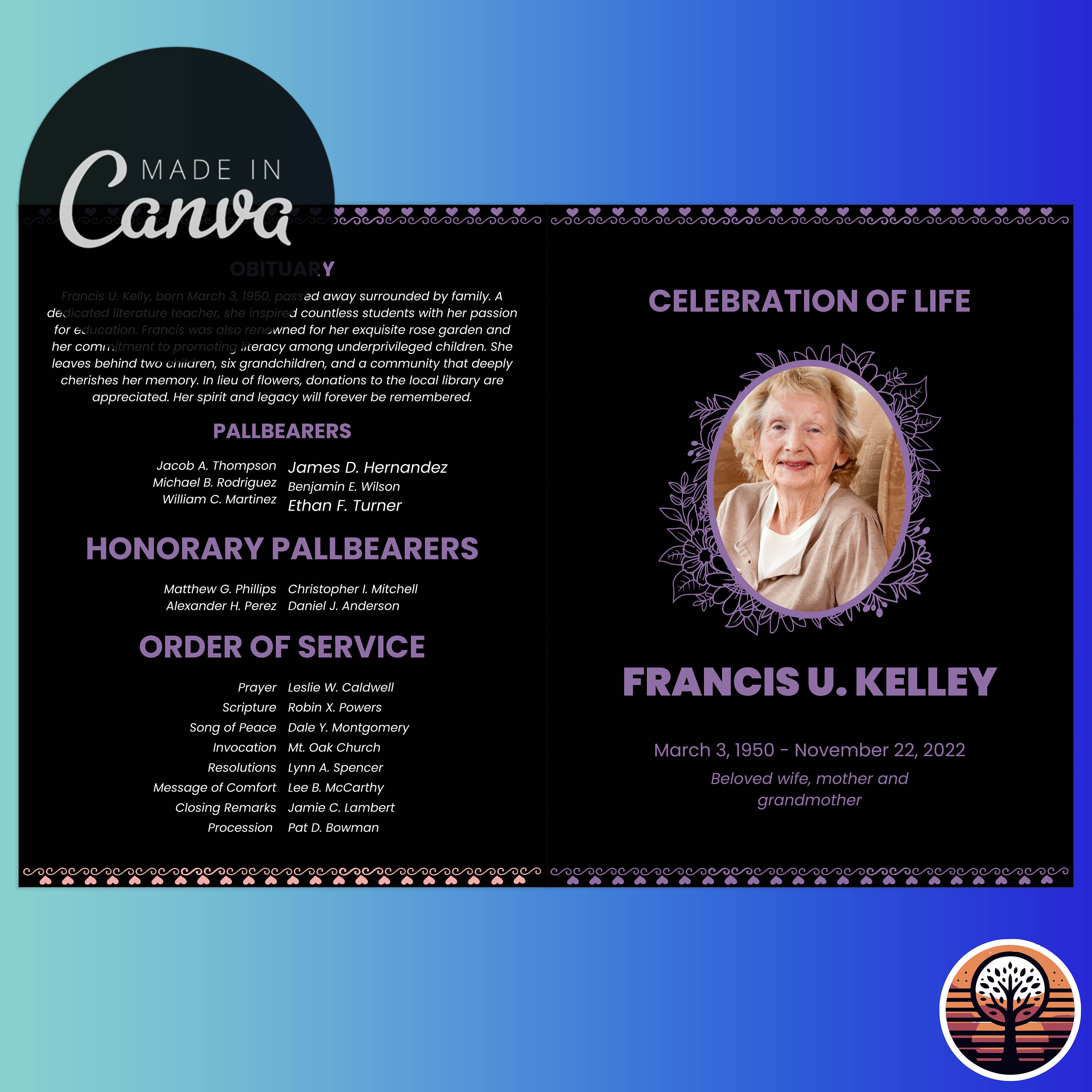Funeral Program Template Printable Order of Service for Celebration of ...
