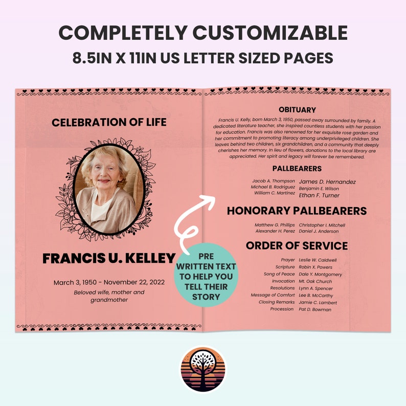 Funeral Program Template - Printable Order of Service for Celebration ...