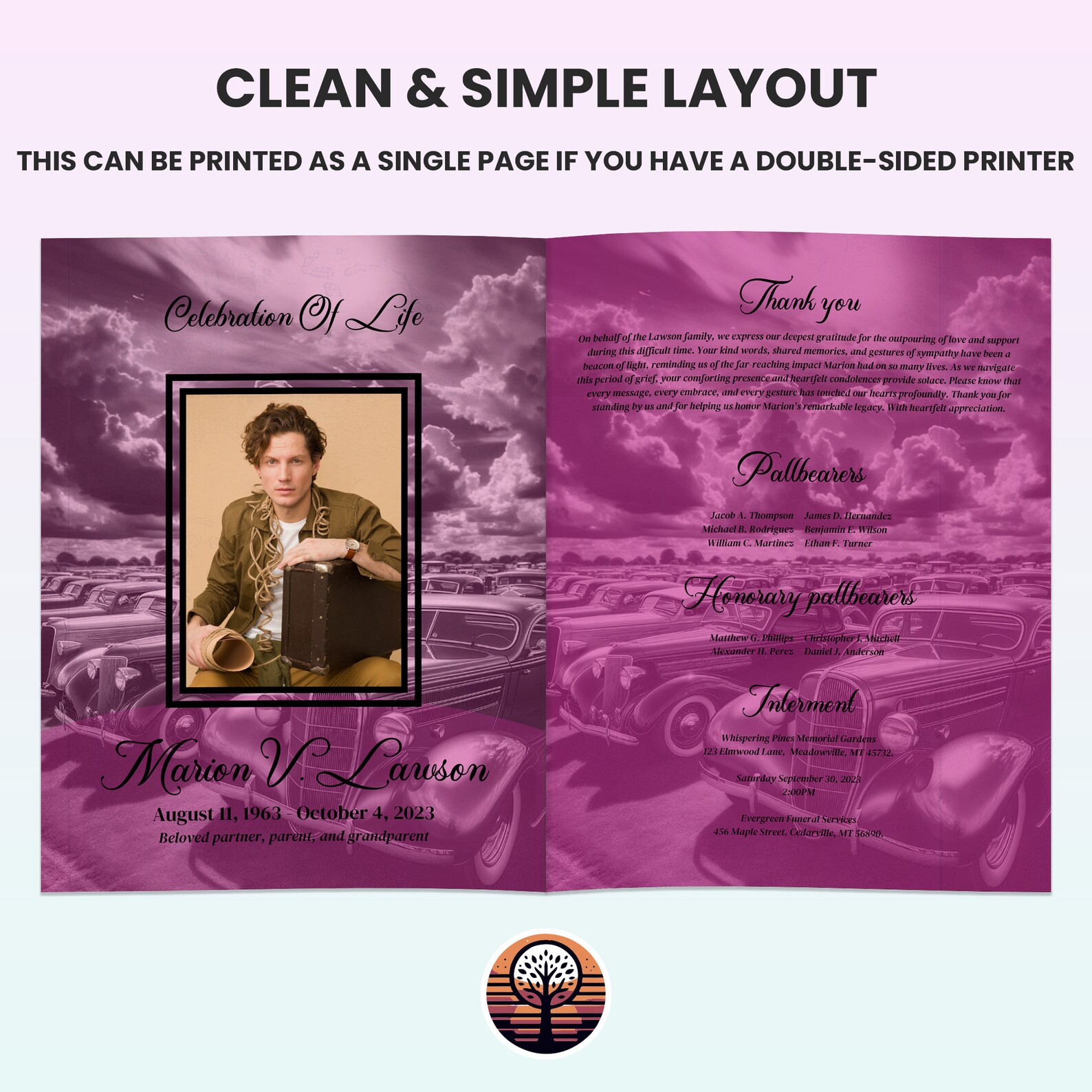 Funeral Program Template - Printable Order of Service for Celebration ...