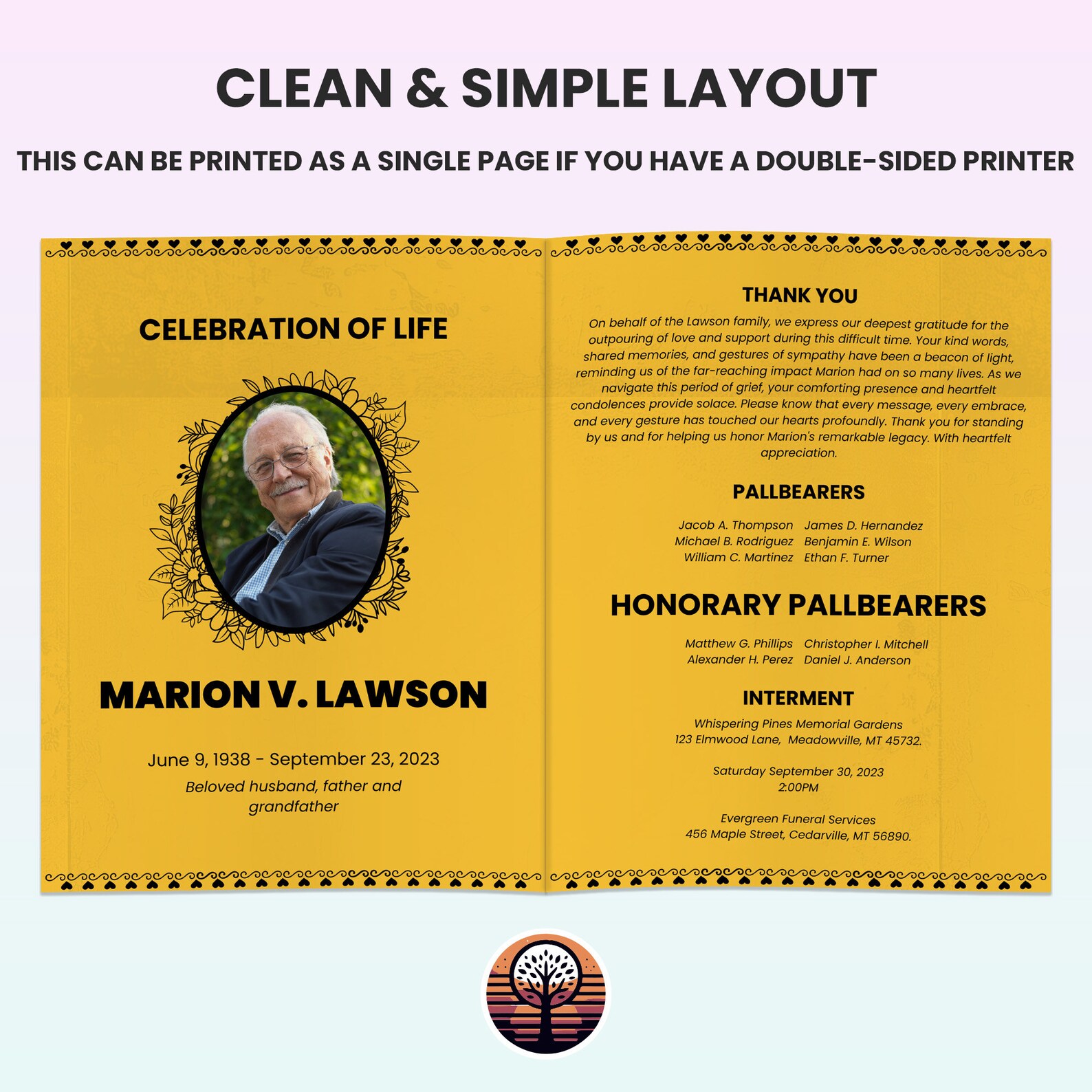 Funeral Program Template - Printable Order of Service for Celebration ...