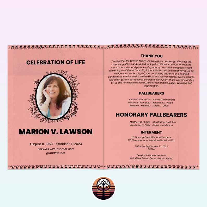 Funeral Program Template - Printable Order of Service for Celebration ...