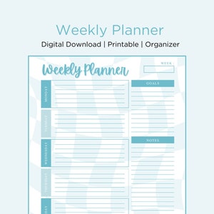 One Page Teal Digital Weekly Planner Printable, Instant Download, Daily ...