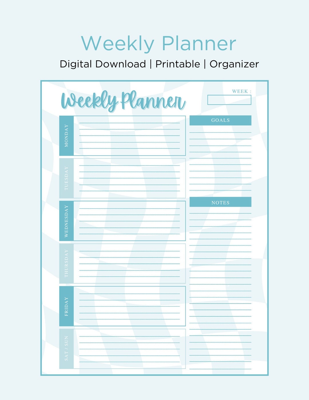 One Page Teal Digital Weekly Planner Printable, Instant Download, Daily ...