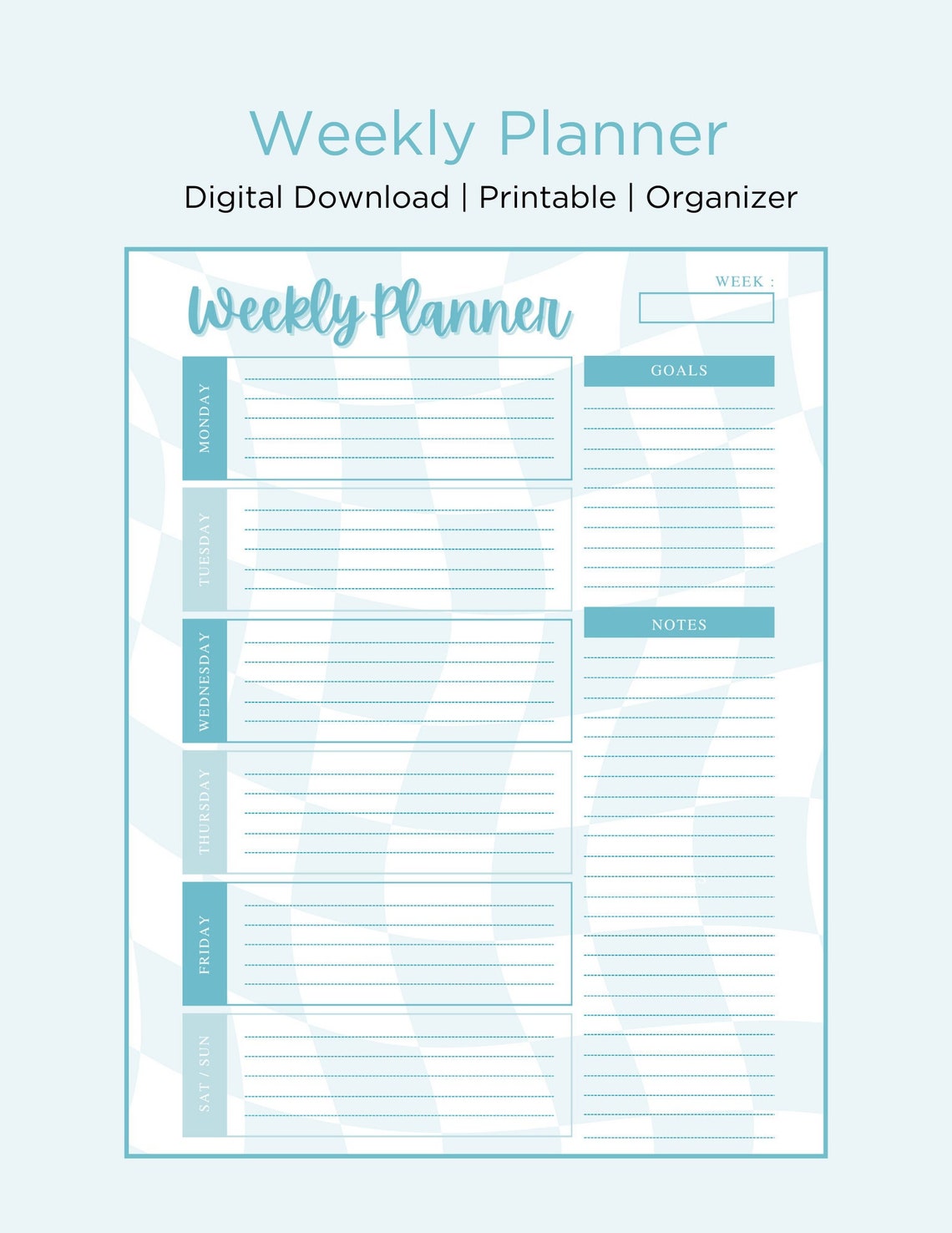 One Page Teal Digital Weekly Planner Printable, Instant Download, Daily ...