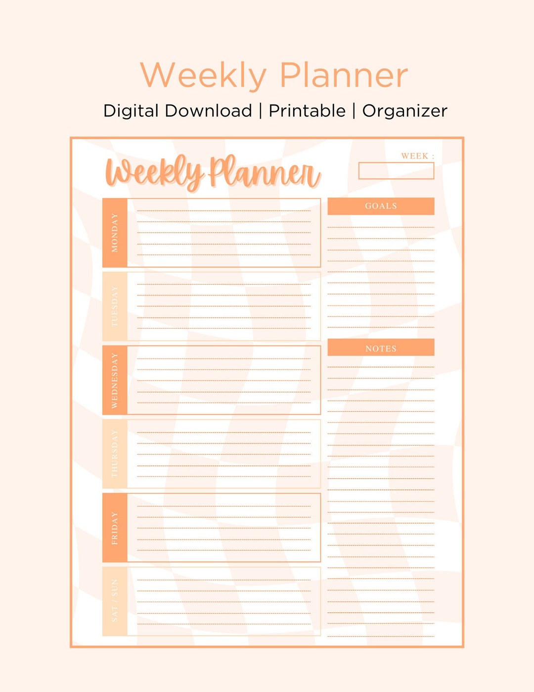 One Page Orange Digital Weekly Planner Printable, Instant Download ...
