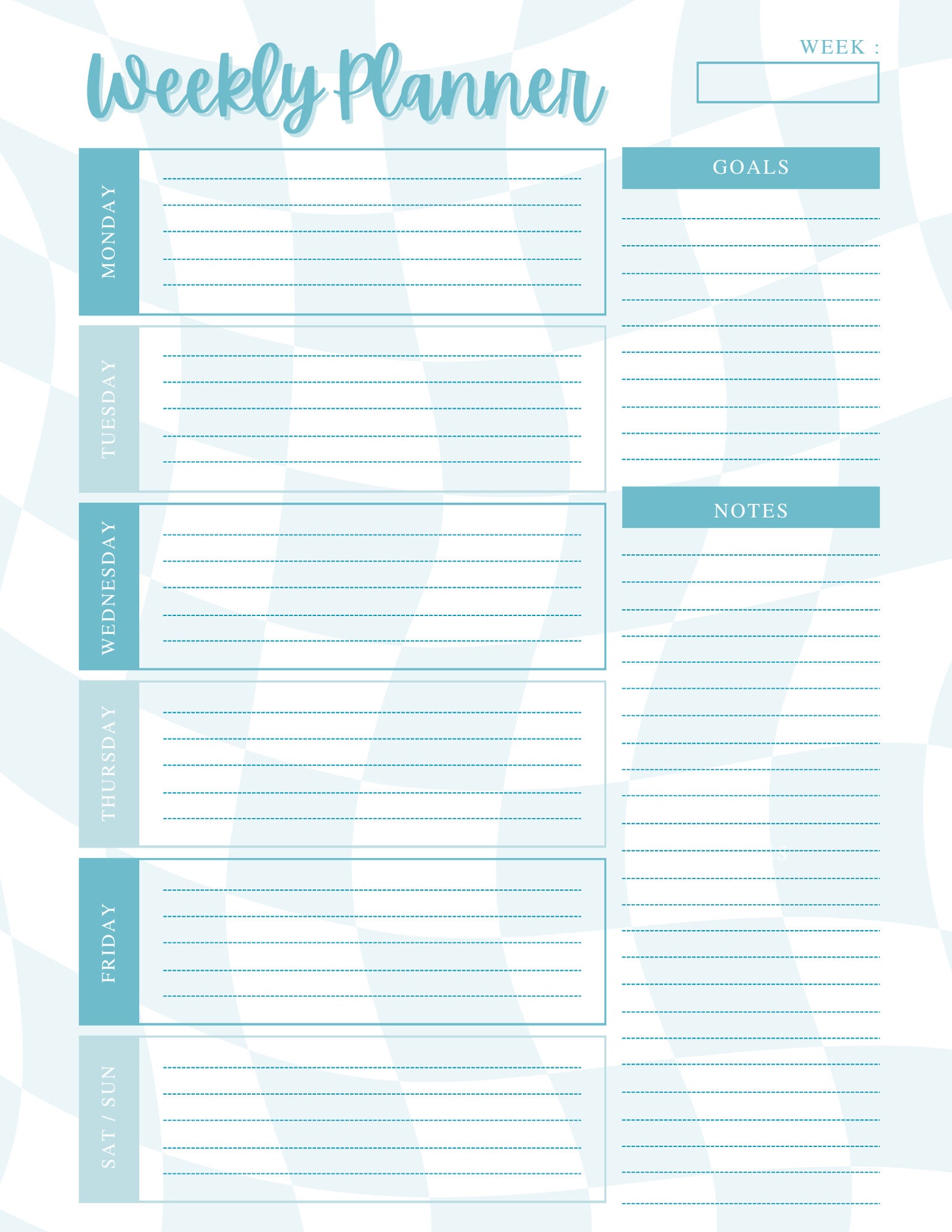 One Page Teal Digital Weekly Planner Printable, Instant Download, Daily ...