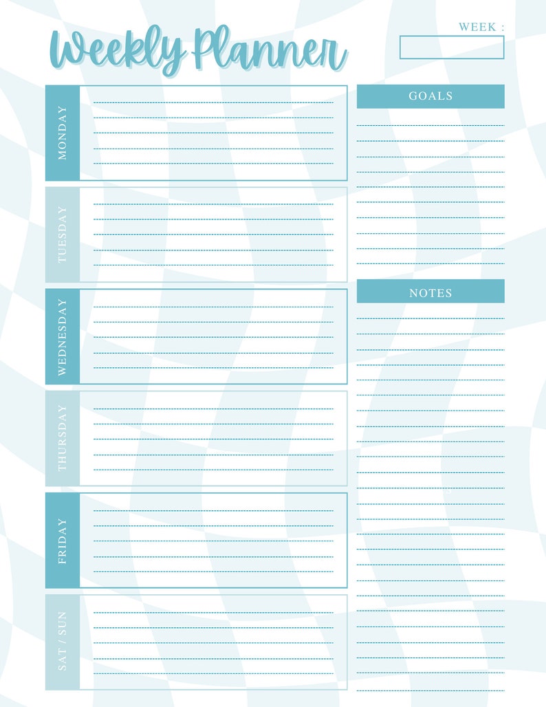 One Page Teal Digital Weekly Planner Printable, Instant Download, Daily ...