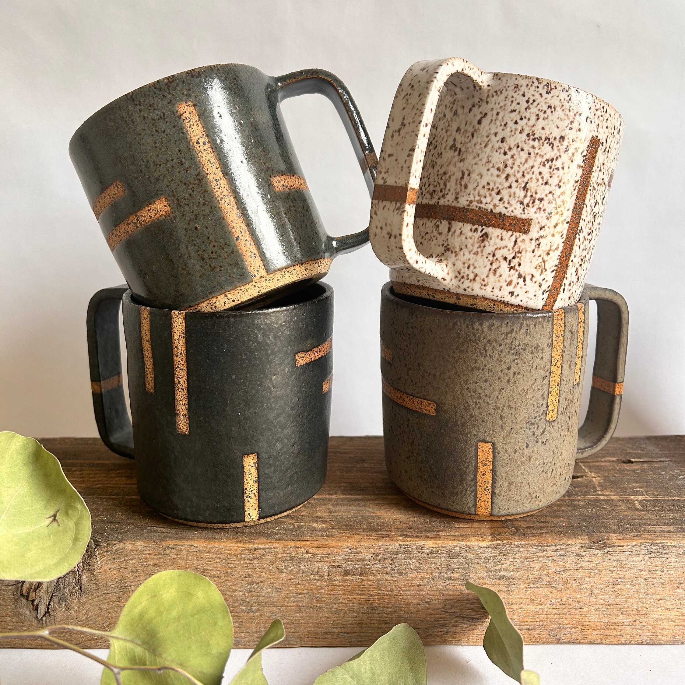 Gray Handmade Ceramic Mug With Abstract Geometric Lines - Etsy