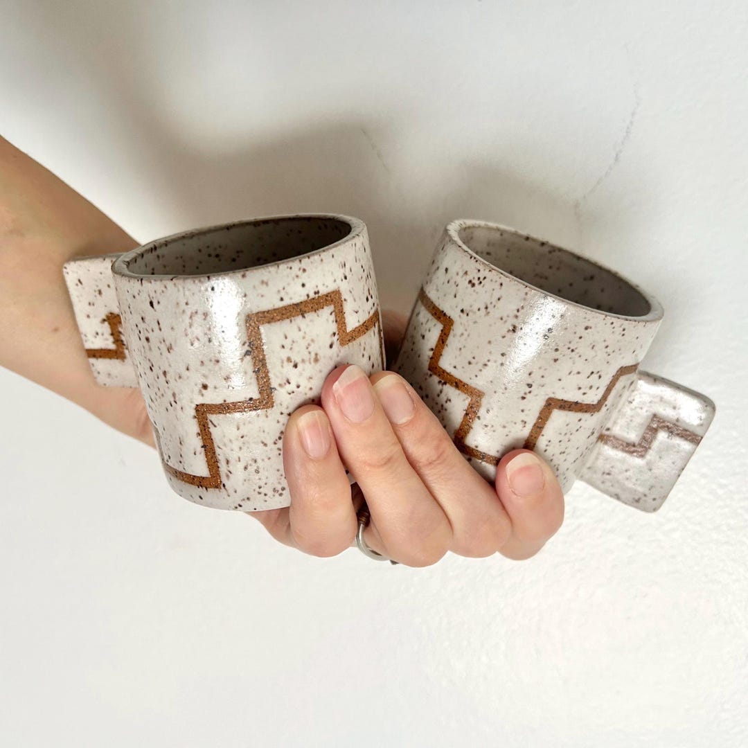 Handmade Ceramic Espresso Cups: White Geometric Design, Set of 2 - Etsy