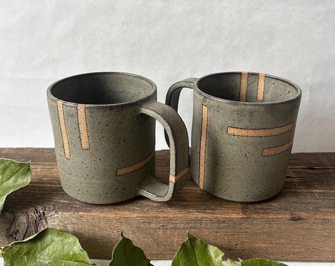 Gray Handmade Ceramic Mug With Abstract Geometric Lines - Etsy
