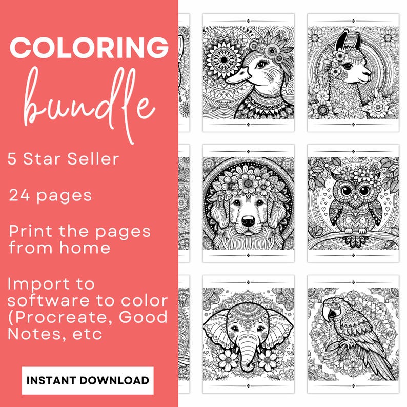 24 Boho Animal Coloring Pages Bundle Mandala Color Pages Nature ...