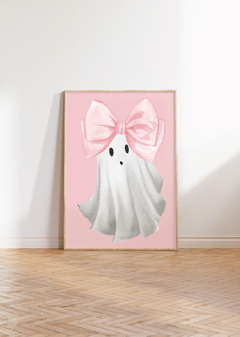 Pink Bow Ghost Wall Art, Preppy Halloween Printable Art, Coquette ...