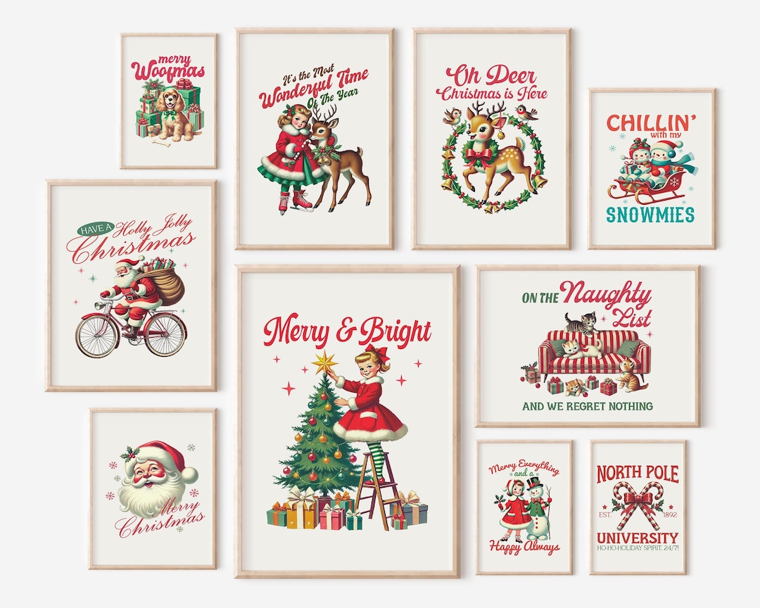 Retro Christmas Prints Set of 10, Christmas Gallery Wall Art, Christmas ...