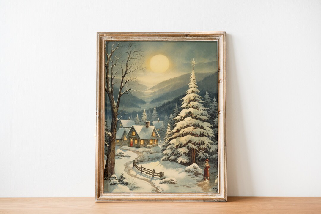 Vintage Christmas Village Painting: Winter Snow Landscape (digital ...