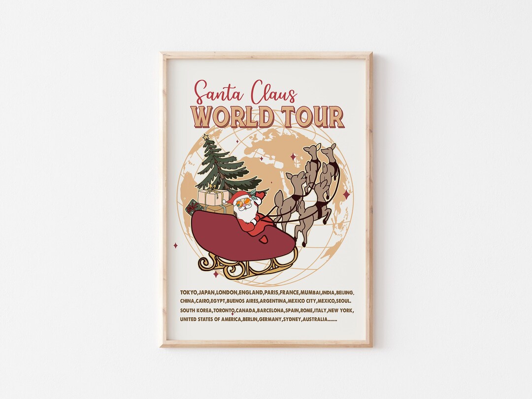 Santa World Tour Print, Retro Christmas Decor, Christmas Printable Art ...
