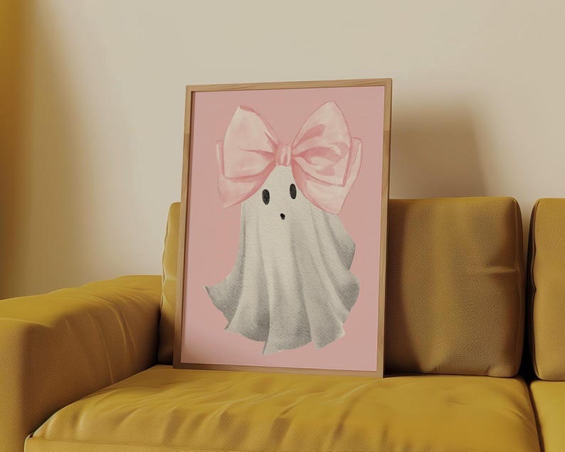 Pink Bow Ghost Wall Art, Preppy Halloween Printable Art, Coquette ...