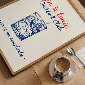 Gin & Tonic Print, Retro Cocktail Art, Hand Drawn Poster, Bar Cart ...