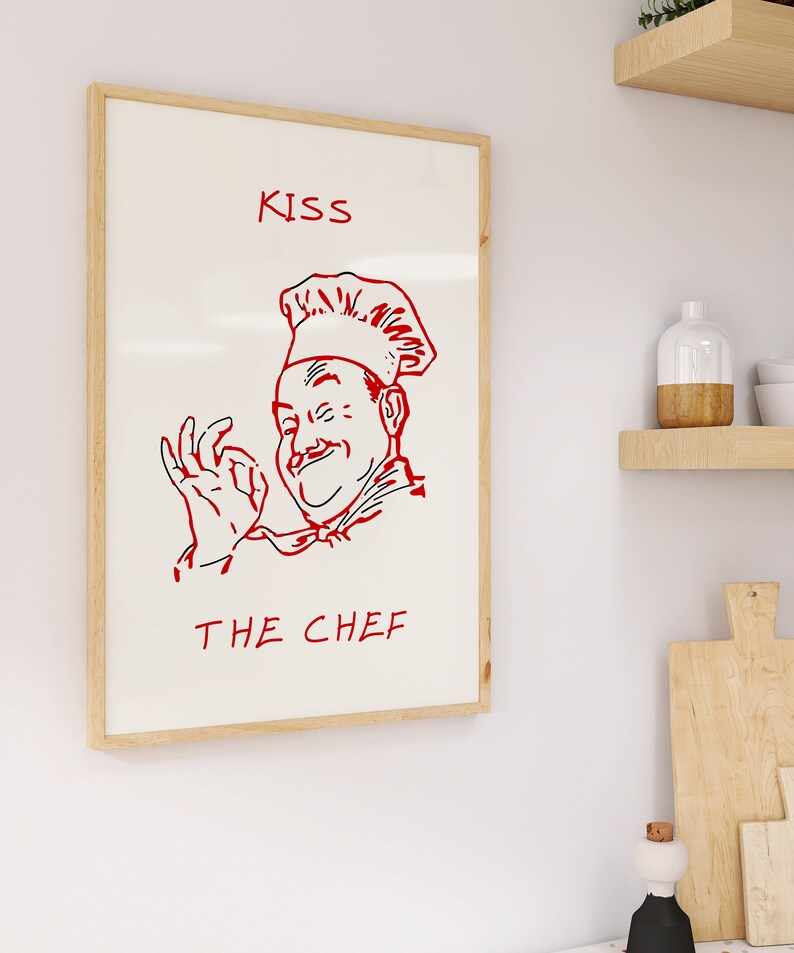 Kiss the Chef Print, Aesthetic Kitchen Wall Decor, Cute Cooking Art ...