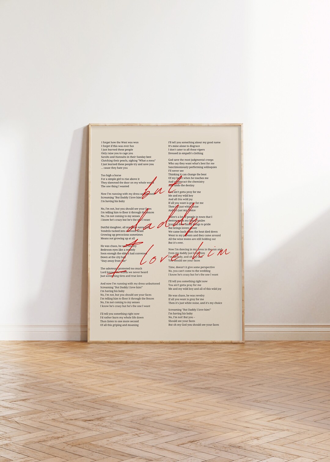 But Daddy I Love Him Song Lyrics Poster, Aesthetic Girly Wall Art ...