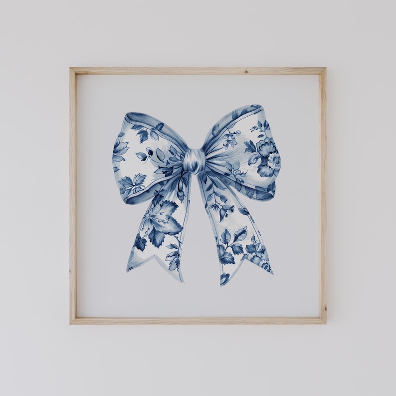 Blue Bow Print, Coquette Room Decor, Coastal Wall Art, Blue Nursery ...