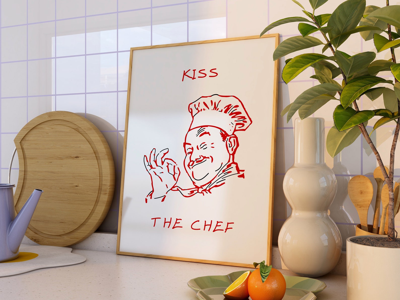 Kiss the Chef Print, Aesthetic Kitchen Wall Decor, Cute Cooking Art ...