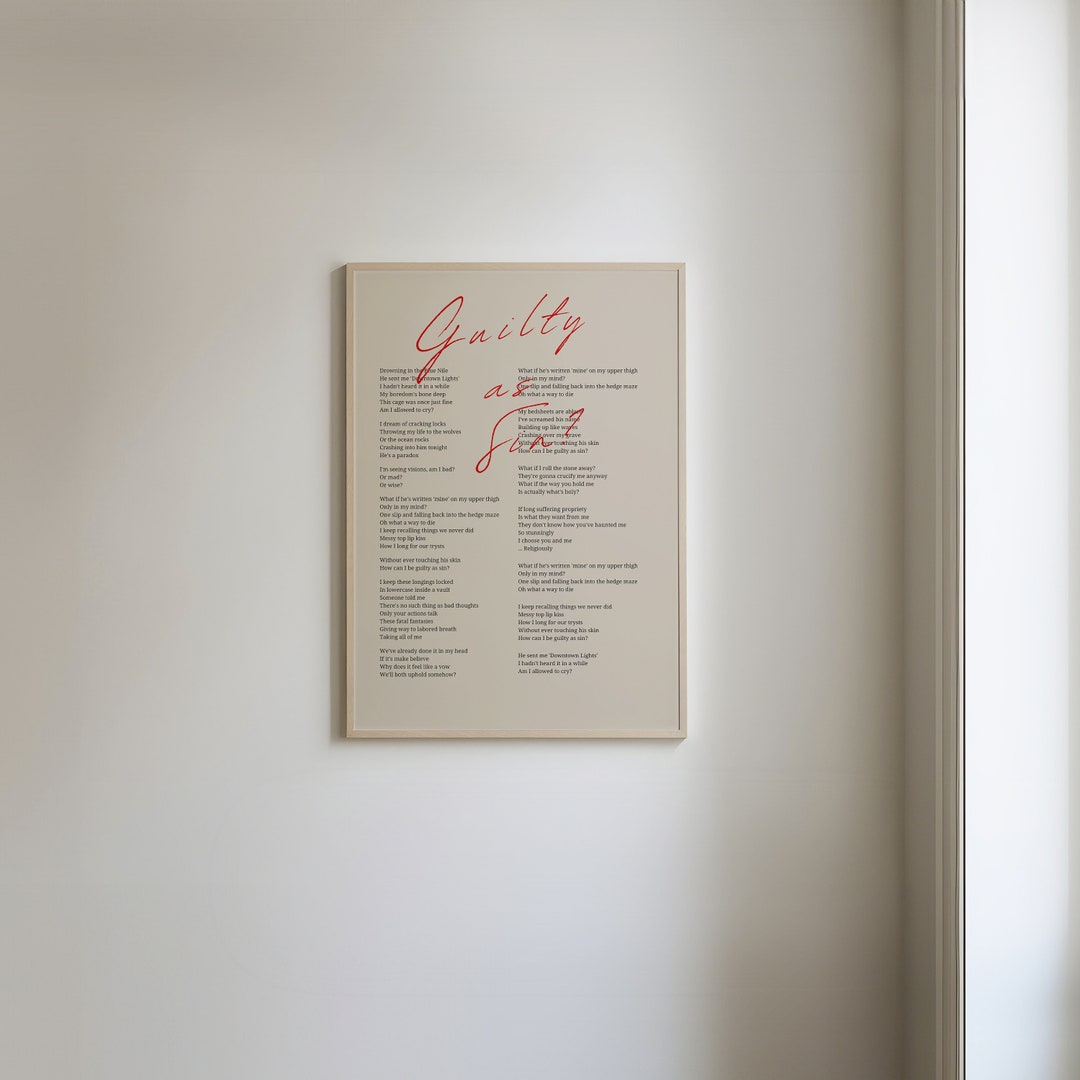Guilty as Sin Song Lyrics Poster, Aesthetic Girly Wall Art, Tortured ...