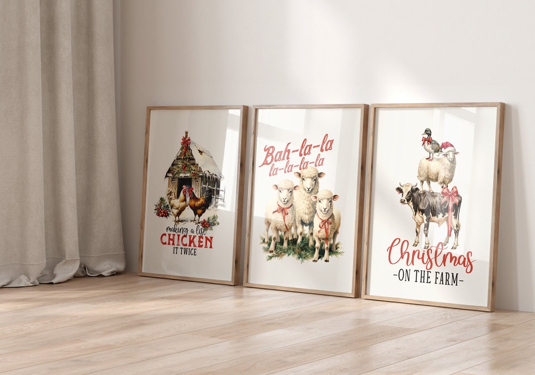 Christmas Farmhouse Set of 3 Prints, Cute Farm Animals, Country ...