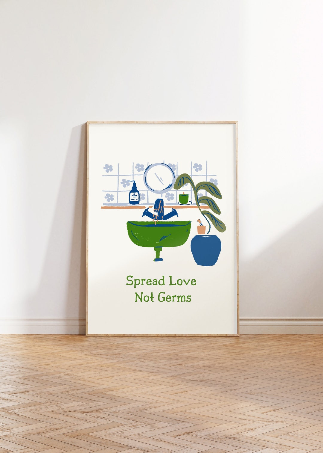 Spread Love Not Germs, Wash Your Hands Print, Retro Bathroom Print ...